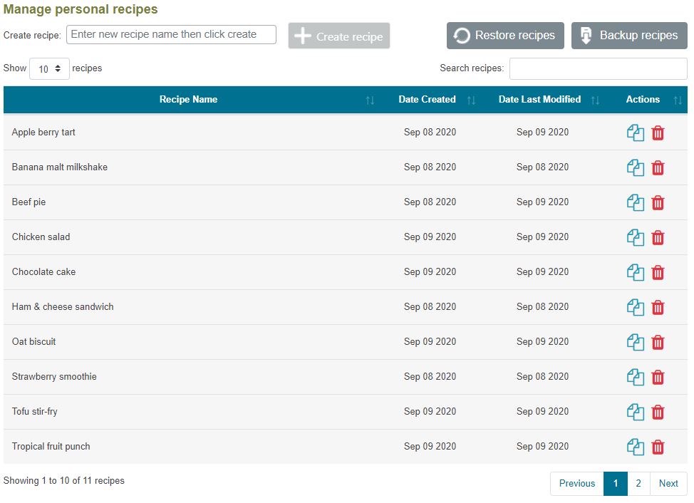 NPC manage my recipes screen